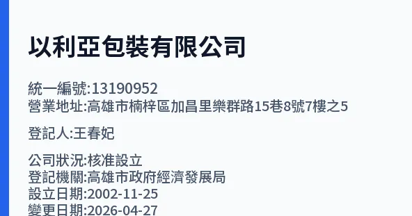 以利亞包裝有限公司的照片-統編 13190952(高雄市) 公司登記資料與營業項目詳細圖表