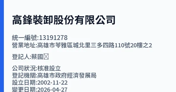 高鋒裝卸股份有限公司的照片-統編 13191278(高雄市) 公司登記資料與營業項目詳細圖表