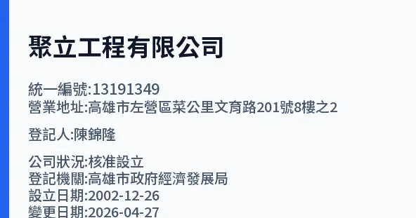 聚立工程有限公司的照片-統編 13191349(高雄市) 公司登記資料與營業項目詳細圖表