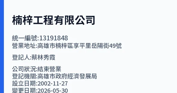楠梓工程有限公司的照片-統編 13191848(高雄市) 公司登記資料與營業項目詳細圖表