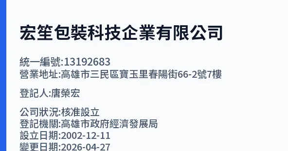 宏笙包裝科技企業有限公司的照片-統編 13192683(高雄市) 公司登記資料與營業項目詳細圖表
