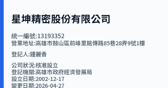 星坤精密股份有限公司的照片-統編 13193352(高雄市) 公司登記資料與營業項目詳細圖表