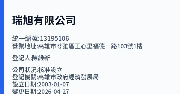 瑞旭有限公司的照片-統編 13195106(高雄市) 公司登記資料與營業項目詳細圖表