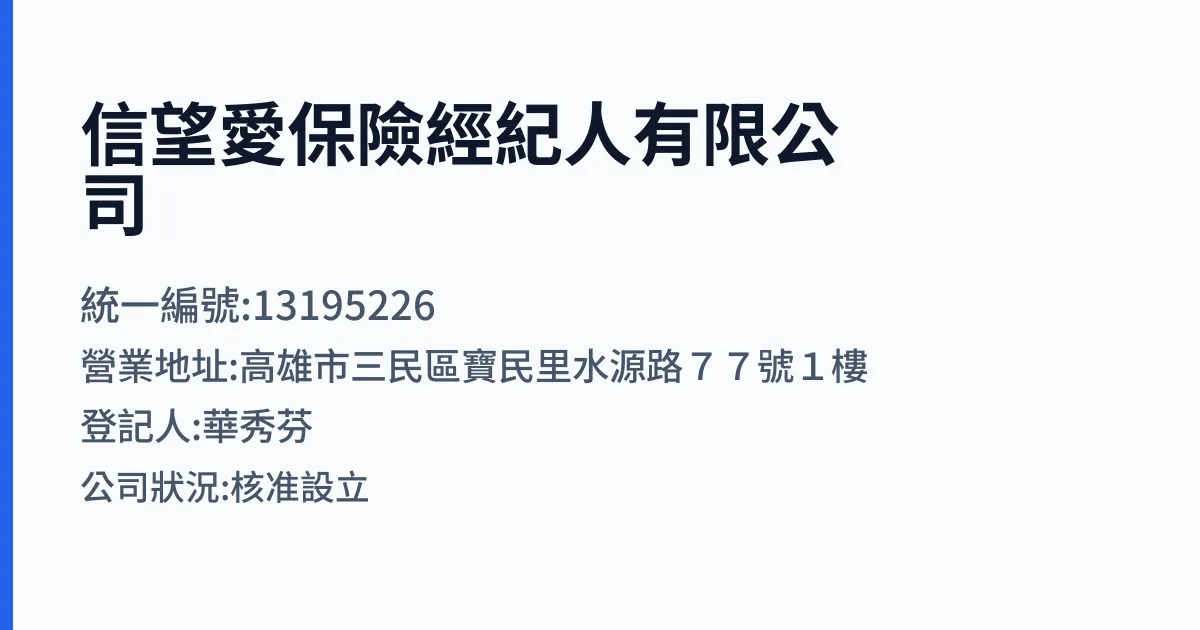 信望愛保險經紀人有限公司 - 統編 13195226(高雄市) 公司登記資料與營業項目詳細圖表