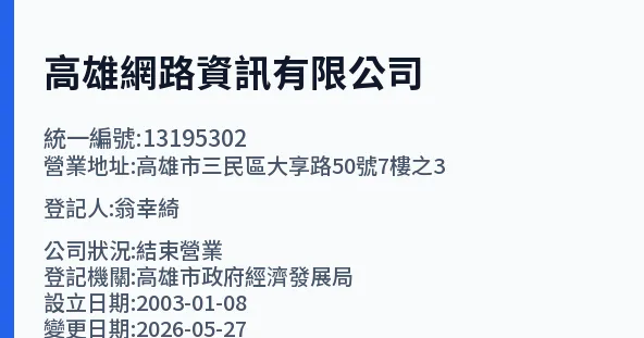 高雄網路資訊有限公司的照片-統編 13195302(高雄市) 公司登記資料與營業項目詳細圖表