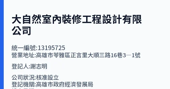 大自然室內裝修工程設計有限公司的照片-統編 13195725(高雄市) 公司登記資料與營業項目詳細圖表