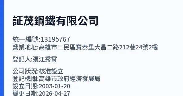 証茂鋼鐵有限公司的照片-統編 13195767(高雄市) 公司登記資料與營業項目詳細圖表
