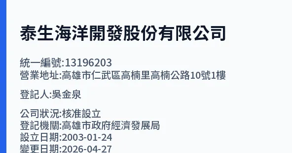 泰生海洋開發股份有限公司的照片-統編 13196203(高雄市) 公司登記資料與營業項目詳細圖表