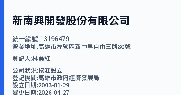 新南興開發股份有限公司的照片-統編 13196479(高雄市) 公司登記資料與營業項目詳細圖表