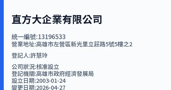 直方大企業有限公司的照片-統編 13196533(高雄市) 公司登記資料與營業項目詳細圖表