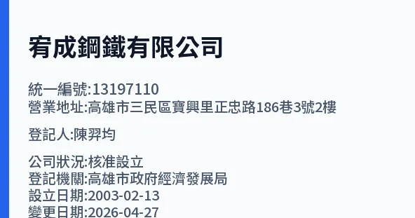 宥成鋼鐵有限公司的照片-統編 13197110(高雄市) 公司登記資料與營業項目詳細圖表