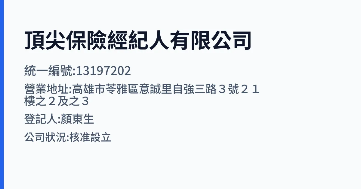 頂尖保險經紀人有限公司 - 統編 13197202(高雄市) 公司登記資料與營業項目詳細圖表
