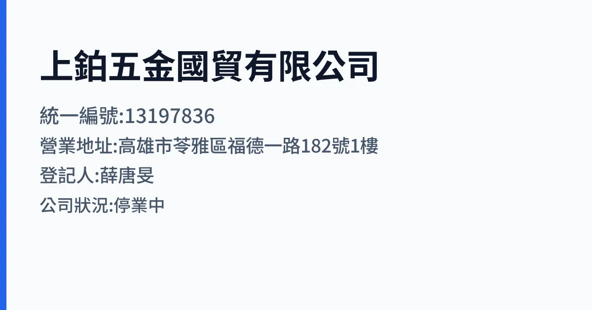 上鉑五金國貿有限公司 - 統編 13197836(高雄市) 公司登記資料與營業項目詳細圖表