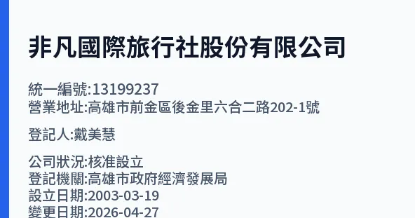 非凡國際旅行社股份有限公司的照片-統編 13199237(高雄市) 公司登記資料與營業項目詳細圖表