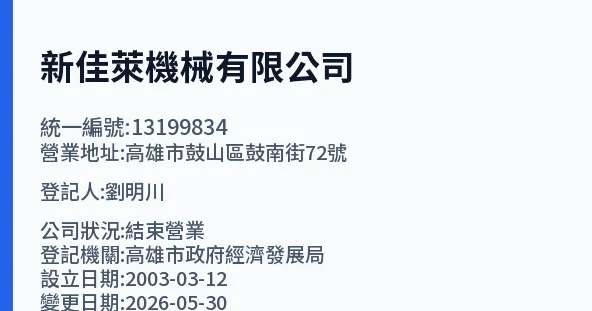 新佳萊機械有限公司的照片-統編 13199834(高雄市) 公司登記資料與營業項目詳細圖表