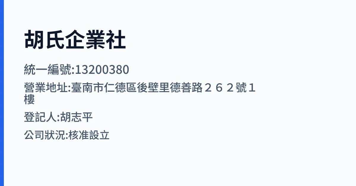 胡氏企業社 - 統編 13200380(臺南市) 公司登記資料與營業項目詳細圖表