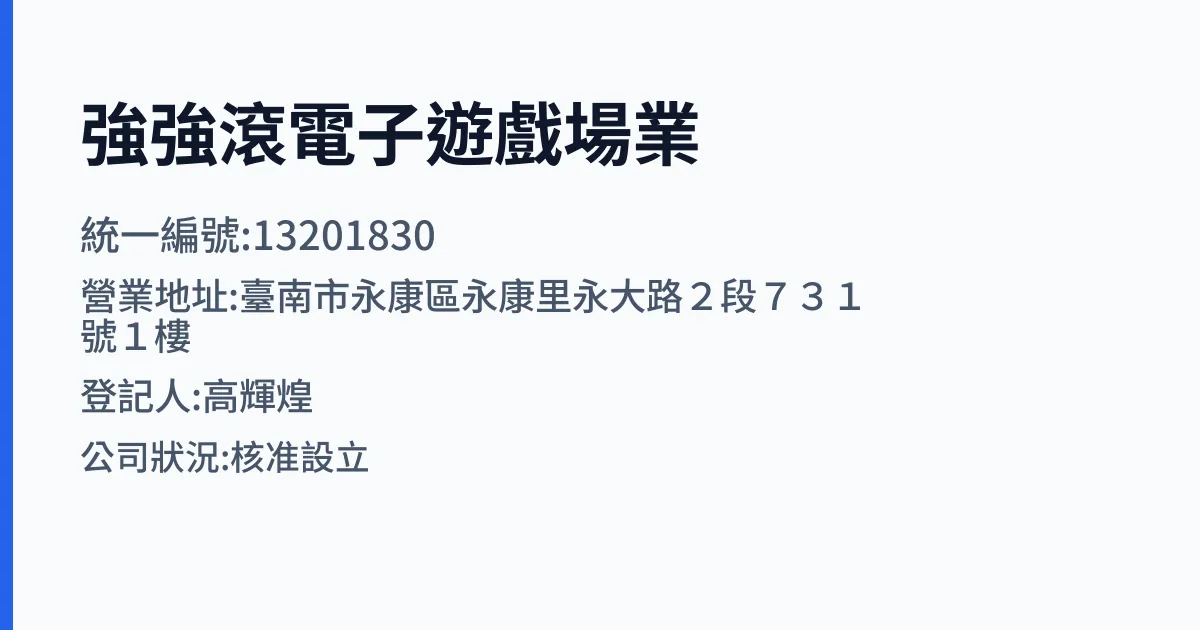 強強滾電子遊戲場業 - 統編 13201830(臺南市) 公司登記資料與營業項目詳細圖表