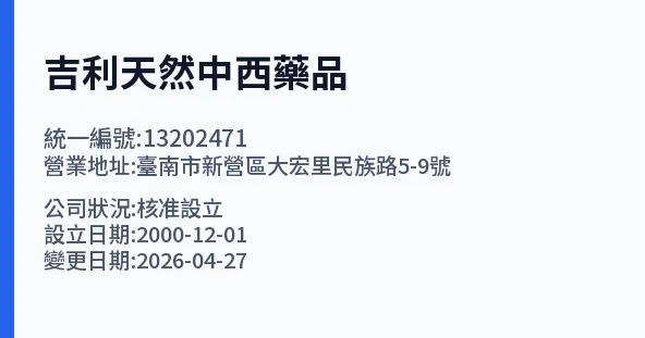 吉利天然中西藥品的照片-統編 13202471(臺南市) 公司登記資料與營業項目詳細圖表
