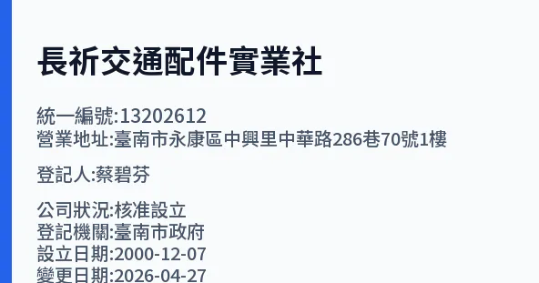 長祈交通配件實業社的照片-統編 13202612(臺南市) 公司登記資料與營業項目詳細圖表