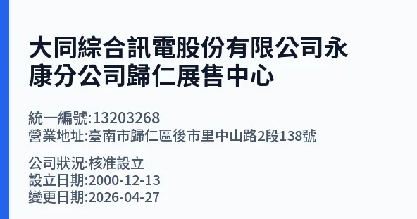 大同綜合訊電股份有限公司永康分公司歸仁展售中心的照片-統編 13203268(臺南市) 公司登記資料與營業項目詳細圖表