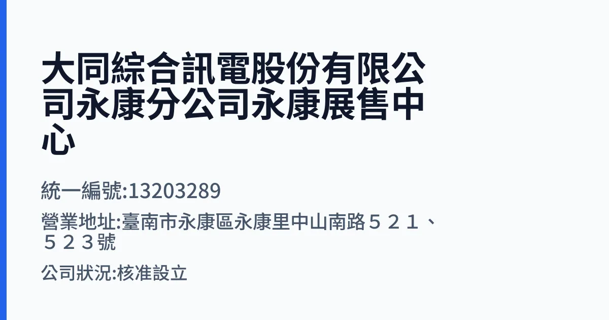 大同綜合訊電股份有限公司永康分公司永康展售中心 - 統編 13203289(臺南市) 公司登記資料與營業項目詳細圖表