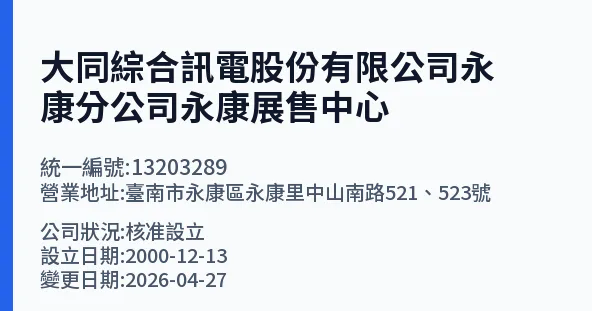 大同綜合訊電股份有限公司永康分公司永康展售中心的照片-統編 13203289(臺南市) 公司登記資料與營業項目詳細圖表