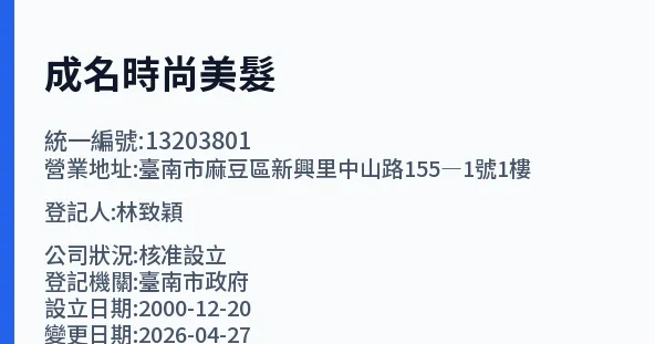 成名時尚美髮的照片-統編 13203801(臺南市) 公司登記資料與營業項目詳細圖表