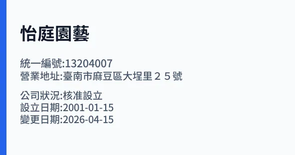怡庭園藝的照片-統編 13204007(臺南市) 公司登記資料與營業項目詳細圖表