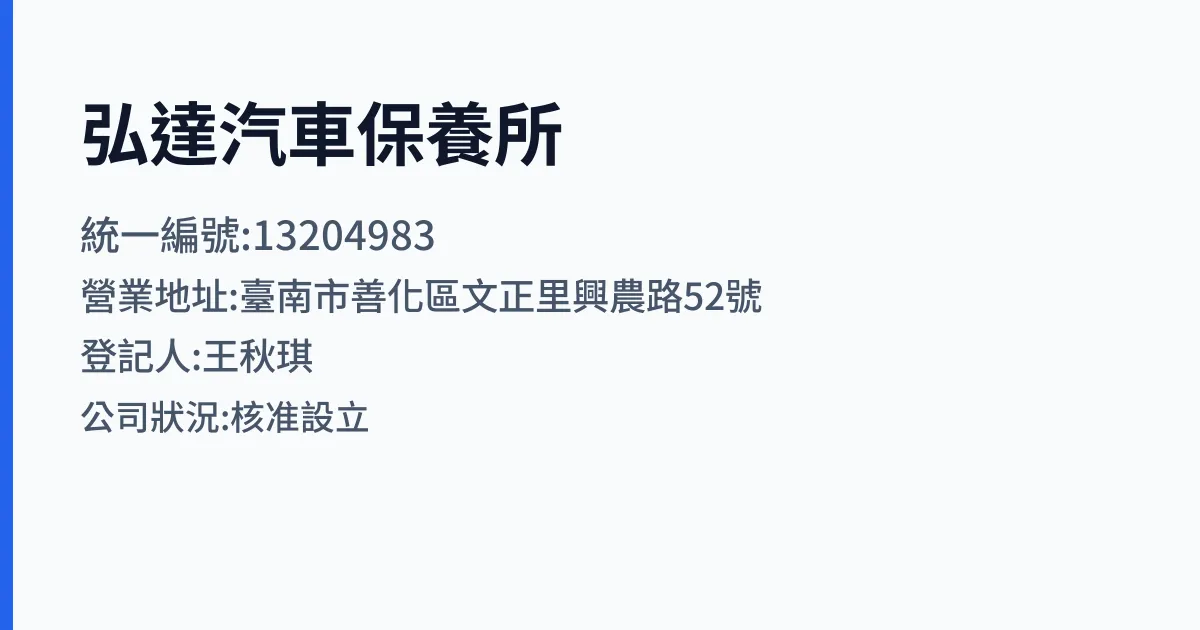弘達汽車保養所 - 統編 13204983(臺南市) 公司登記資料與營業項目詳細圖表