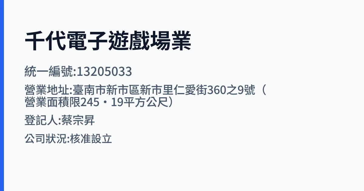 千代電子遊戲場業 - 統編 13205033(臺南市) 公司登記資料與營業項目詳細圖表
