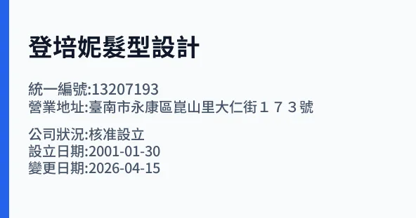 登培妮髮型設計的照片-統編 13207193(臺南市) 公司登記資料與營業項目詳細圖表
