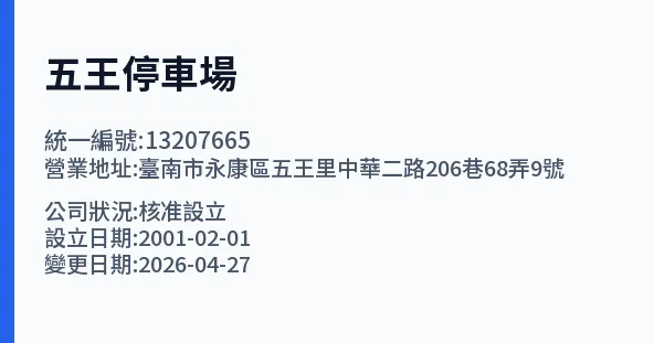 五王停車場的照片-統編 13207665(臺南市) 公司登記資料與營業項目詳細圖表