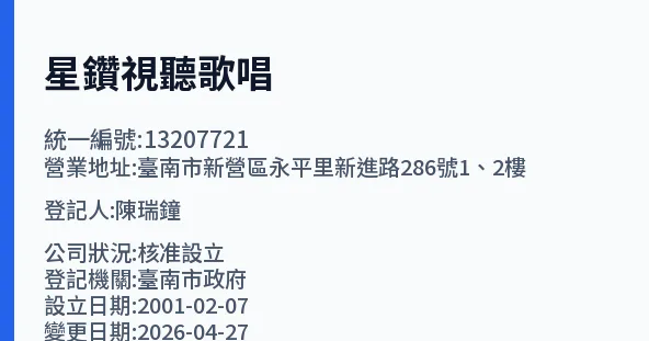 星鑽視聽歌唱的照片-統編 13207721(臺南市) 公司登記資料與營業項目詳細圖表