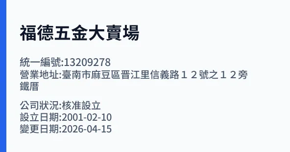 福德五金大賣場的照片-統編 13209278(臺南市) 公司登記資料與營業項目詳細圖表