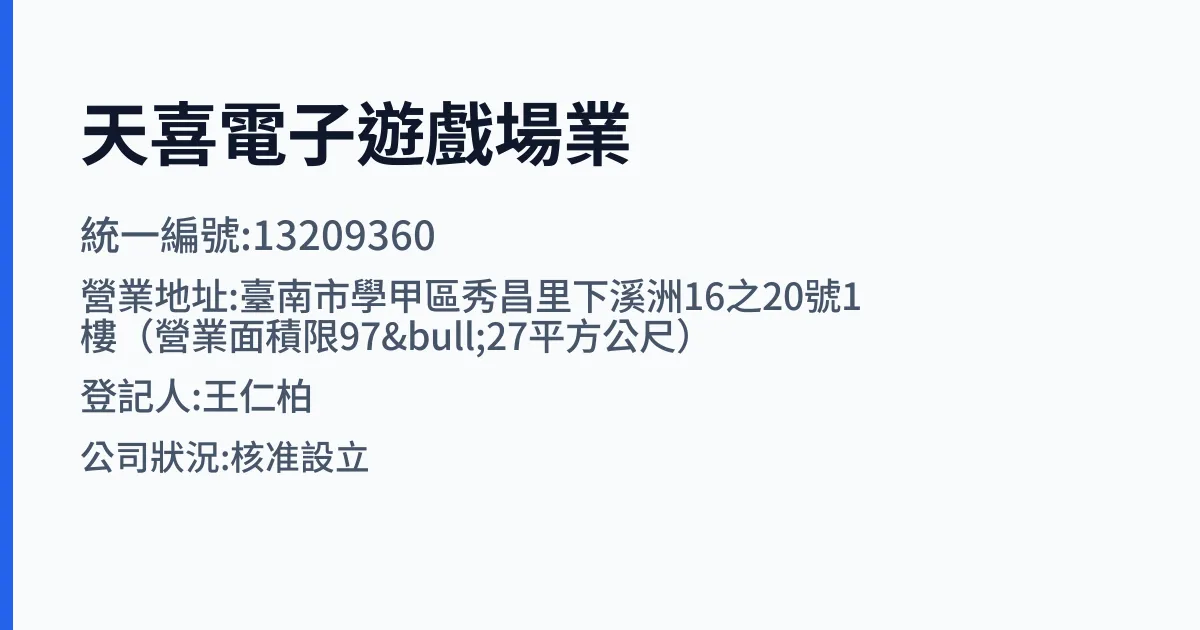 天喜電子遊戲場業 - 統編 13209360(臺南市) 公司登記資料與營業項目詳細圖表