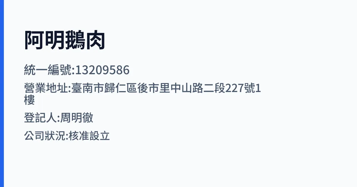 阿明鵝肉 - 統編 13209586(臺南市) 公司登記資料與營業項目詳細圖表