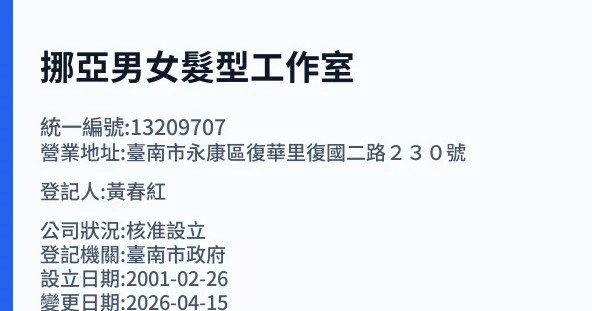 挪亞男女髮型工作室的照片-統編 13209707(臺南市) 公司登記資料與營業項目詳細圖表