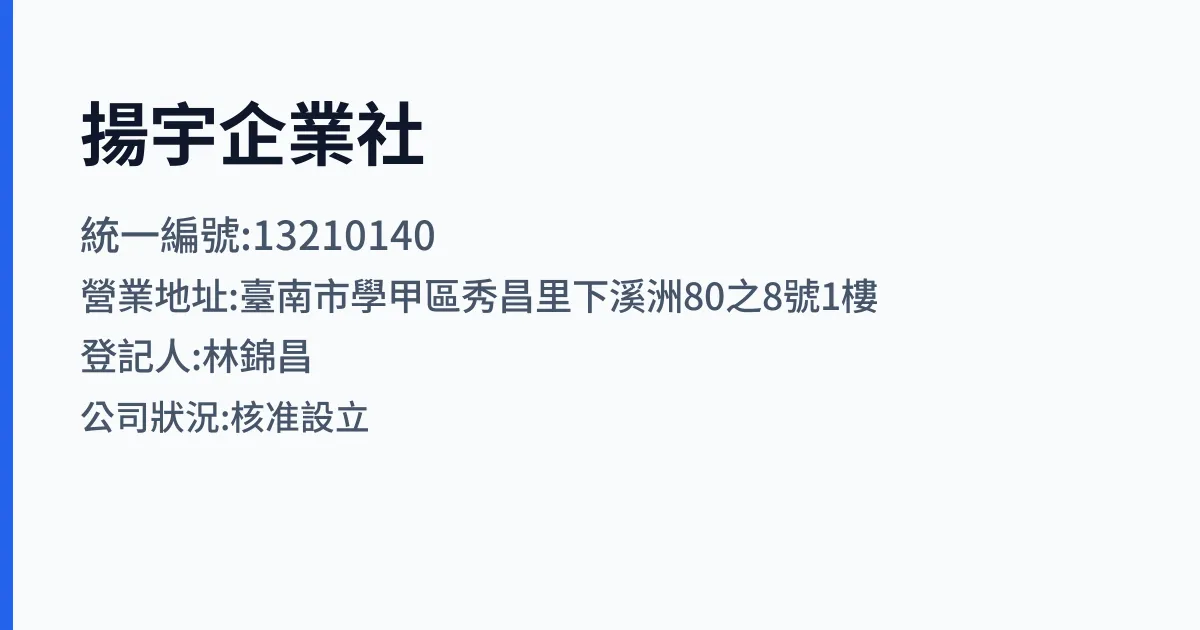 揚宇企業社 - 統編 13210140（臺南市） 公司登記資料與營業項目詳細圖表