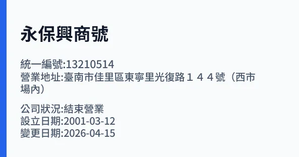 永保興商號的照片-統編 13210514(臺南市) 公司登記資料與營業項目詳細圖表