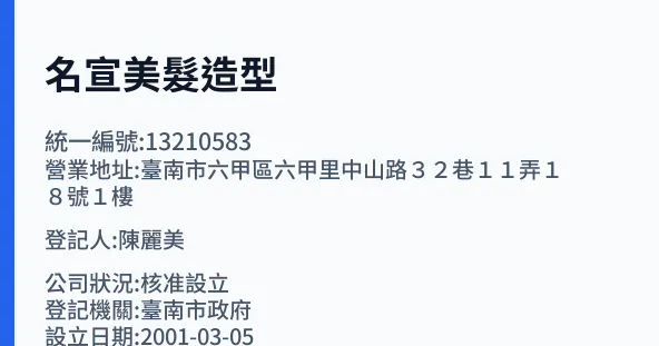 名宣美髮造型的照片-統編 13210583(臺南市) 公司登記資料與營業項目詳細圖表