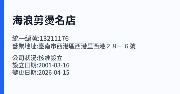 海浪剪燙名店的照片-統編 13211176(臺南市) 公司登記資料與營業項目詳細圖表