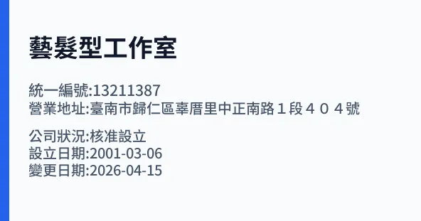 藝髮型工作室的照片-統編 13211387(臺南市) 公司登記資料與營業項目詳細圖表