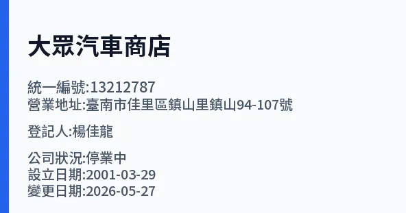 大眾汽車商店的照片-統編 13212787(臺南市) 公司登記資料與營業項目詳細圖表