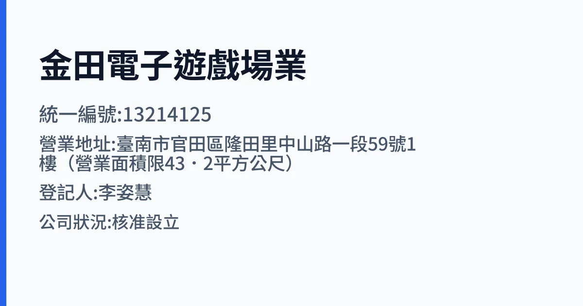 金田電子遊戲場業 - 統編 13214125(臺南市) 公司登記資料與營業項目詳細圖表