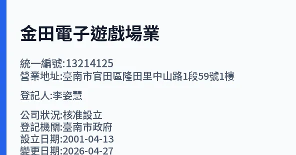 金田電子遊戲場業的照片-統編 13214125(臺南市) 公司登記資料與營業項目詳細圖表