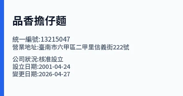 品香擔仔麵的照片-統編 13215047(臺南市) 公司登記資料與營業項目詳細圖表