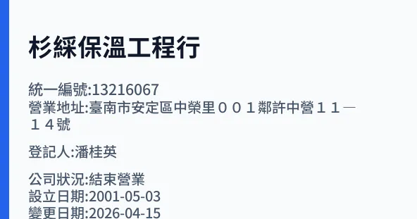 杉綵保溫工程行的照片-統編 13216067(臺南市) 公司登記資料與營業項目詳細圖表