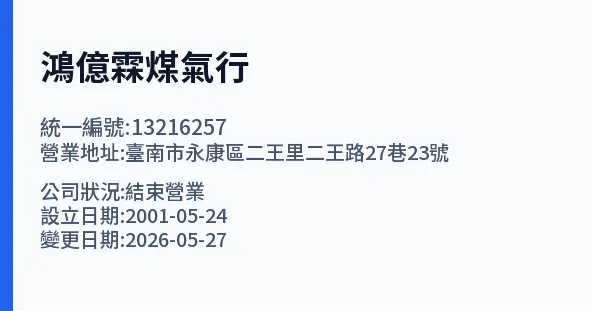 鴻億霖煤氣行的照片-統編 13216257(臺南市) 公司登記資料與營業項目詳細圖表