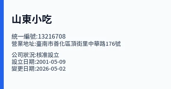 山東小吃的照片-統編 13216708(臺南市) 公司登記資料與營業項目詳細圖表