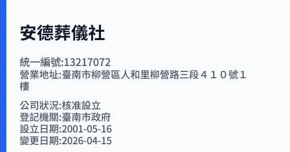 安德葬儀社的照片-統編 13217072(臺南市) 公司登記資料與營業項目詳細圖表